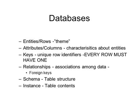 Final Review Sunday March 13th Databases Entitiesrows Attributes