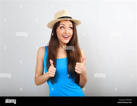 Beautiful Excited Smiling Casual Woman In Summer Hat Showing Thumb Up