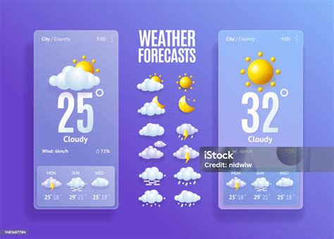 3d Weather Forecast App Template Set Plasticine Cartoon Style Vector