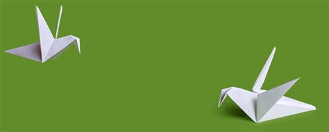 텍스트가 있는 가로 배너입니다 녹색 배경 클로즈업에 두 개의 백서 크레인 아이들과 종이에서 공예 클래식 종이 접기 개념에 대한 스톡 사진 및 기타 이미지 Istock