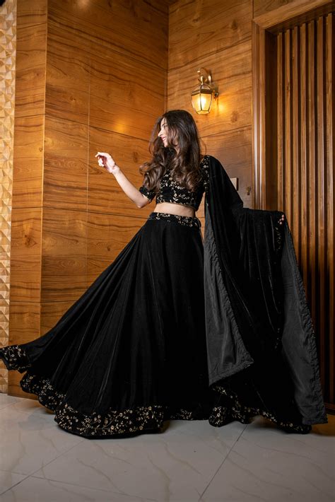 Womens Black Sequin And Zari Work Velvet Lehenga Label Shaurya