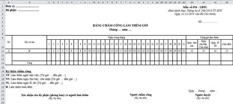 Mẫu Bảng Chấm Công Làm Thêm Giờ Theo Thông Tư 200 Trên Excel Mới Nhất