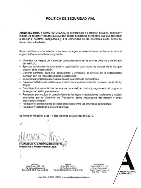 Política De Seguridad Vial Firmada Pdf