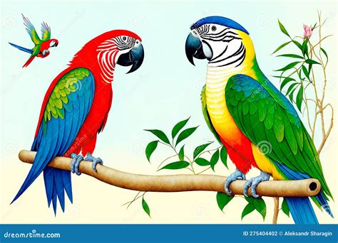 Colorful Parrot And Exotic Tropical Leaves Art Drawing Generative Ai