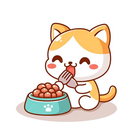 Premium Vector Cute Cat Eating Cat Food In A Bowl Cartoon Icon