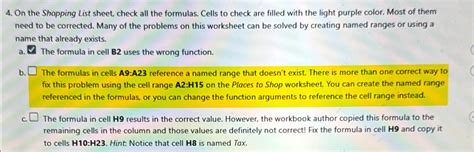 solved on the shopping list sheet check all the formulas