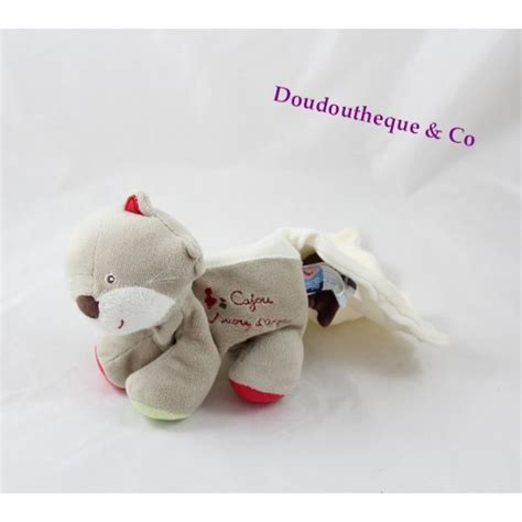 Doudou Chat SUCRE D ORGE Cajou Loup Gris Rouge Mouchoir 15 Cm SOS