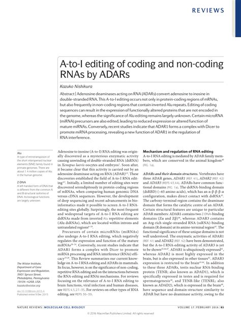 pdf a to i editing of coding and non coding rnas by adars