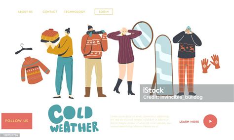 따뜻한 옷 방문 페이지 템플릿을 입고 문자 울니트 핸드메이드 풀오버 스카프 모자를 쓴 사람들 가을에 대한 스톡 벡터 아트 및