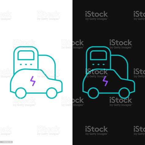 흰색과 검은 색 배경에 격리 된 라인 전기 자동차와 전기 케이블 플러그 충전 아이콘 재생 가능한 에코 기술 다채로운 개요 개념