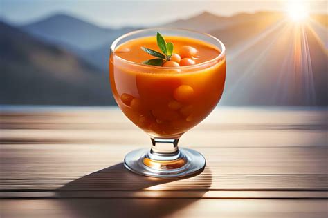 un vaso de naranja jugo en un mesa con montañas en el antecedentes generado por ai