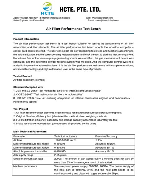Air Filter Performance Test Bench Specification Hcte 20221028 Pdf Filtration Humidity