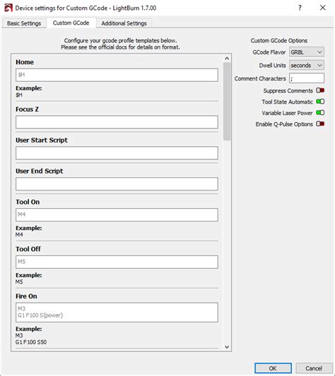 Device Settings Custom Gcode Lightburn Documentation