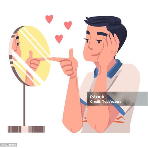 거울을 바라보며 자신을 존경하는 남자 캐릭터와의 자기 사랑 그의 외모 반사 벡터 일러스트레이션에 기뻐함 감각 지각에 대한 스톡