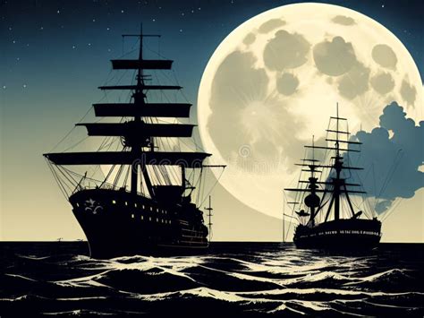 Ai Generated Illustration Of A Pirate Ship Sailing In The Night Stock Illustration