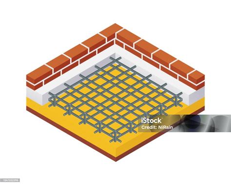 흰색 배경에 격리 된 건물의 등색 벡터 일러스트 콘크리트 기초 파운데이션 아이콘이 있는 사실적인 벽돌 벽 건설 현장 철근 콘크리트 기초 건설 산업에 대한 스톡 벡터 아트 및