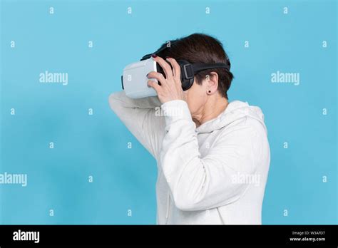 Smile Happy Woman Getting Experience Using VR Headset Glasses Of