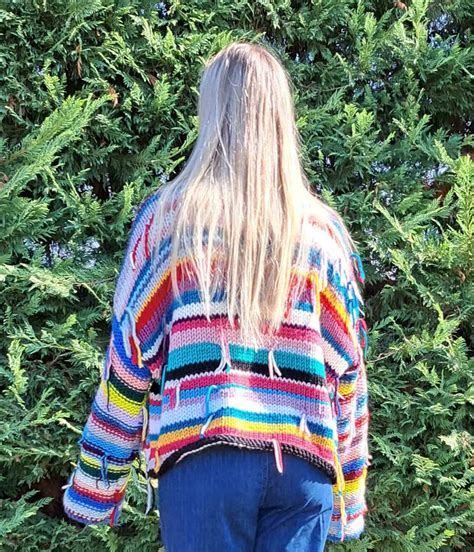 Multicolor Striped Sweater Handmade Oversized Wool Cozy Cardigan