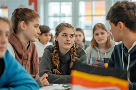 High School Students Learning Or Talking German In A Classroom With One