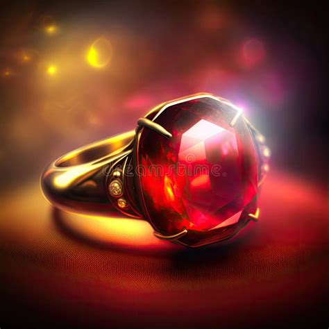 Scarlet Red Ruby On A Golden Ring Bokeh Background Generative Ai Illustration Stock