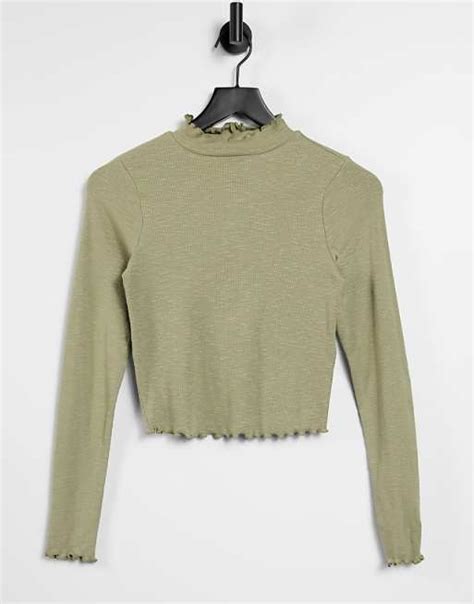 Asos Design Turtleneck Crop Top With Lettuce Edge In Olive Asos