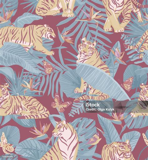 나비 오키꽃과 야자수 잎열대 숲 정글에서 호랑이 빈티지 컬러와 매끄러운 패턴 벡터 일러스트레이션 0명에 대한 스톡 벡터 아트 및 기타 이미지 Istock