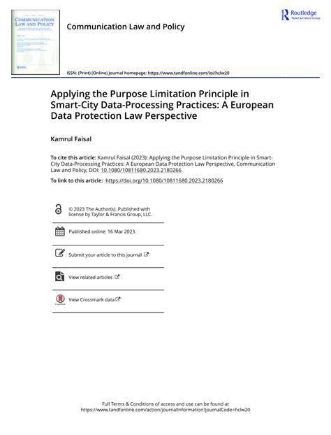 PDF Applying The Purpose Limitation Principle In Smart City Data Processing Practices A