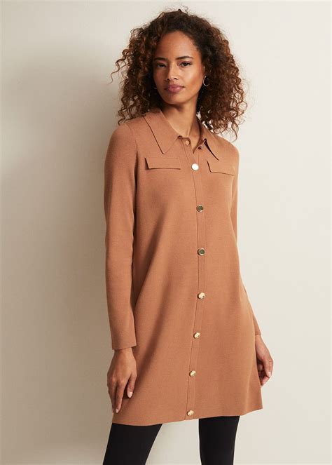 Fine Knit Tunic Mini Dress In Camel With Gold Buttons Phase Eight