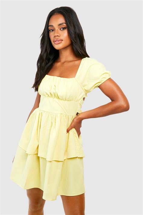Textured Puff Sleeve Skater Dress Boohoo Uk