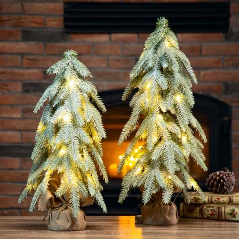 [official] Glitzhome Lighted Frosted Artificial Tabletop Tree Set Of 2