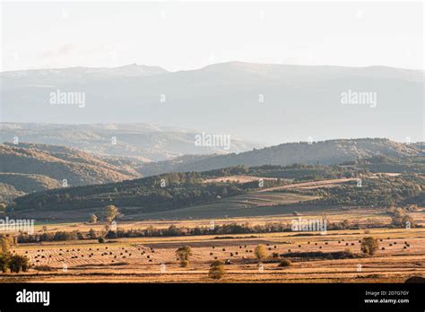 Tractor Collecting Straw Bales Sun Bulgaria Farming Agriculture Minimal