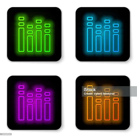 빛나는 네온 라인 음악 이퀄라이저 아이콘은 흰색 배경에 분리되어 있습니다 음파 오디오 디지털 이퀄라이저 기술 콘솔 패널 펄스 뮤지컬 검은색 사각형 버튼입니다 벡터 개념에