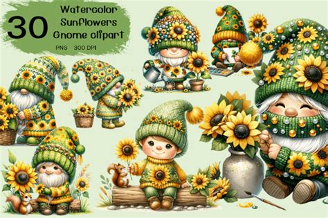 Watercolor Sunflower Gnome Clipart Graphic By JL Digital Art Creative