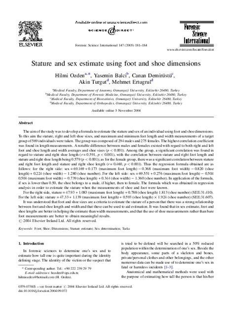 Pdf Stature And Sex Estimate Using Foot And Shoe Dimensions