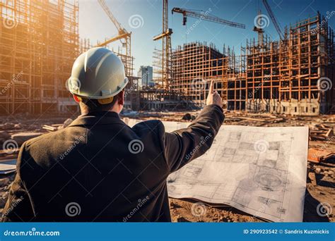 Engineer Pointing At Unfinished Building Generative Ai Stock