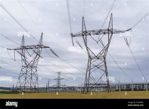 Distribution Electric Substation With Power Lines And Transformers High Voltage Power