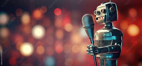 Robot Singing Songs Contest On Microphone On Stage With Spotlight