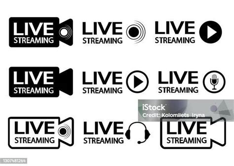 라이브 스트리밍 아이콘입니다 라이브 스트리밍 방송의 검은 윤곽 기호 와 버튼 헤드폰 마이크 및 비디오 카메라가 있는 온라인 스트림 버튼 Live Event에 대한 스톡 벡터