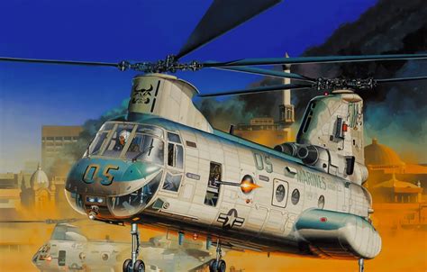 Wallpaper War Art Airplane Helicopter Painting Aviation Boeing Vertol CH Sea Knight