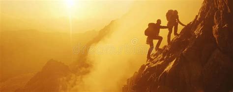 Hikers Climbing A Rocky Mountain At Sunrise Teamwork And Adventure