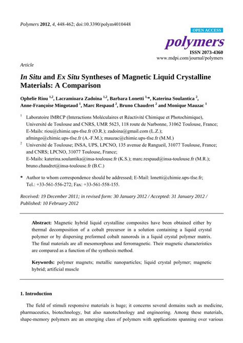 Pdf In Situ And Ex Situ Syntheses Of Magnetic Liquid Crystalline Materials A Comparison