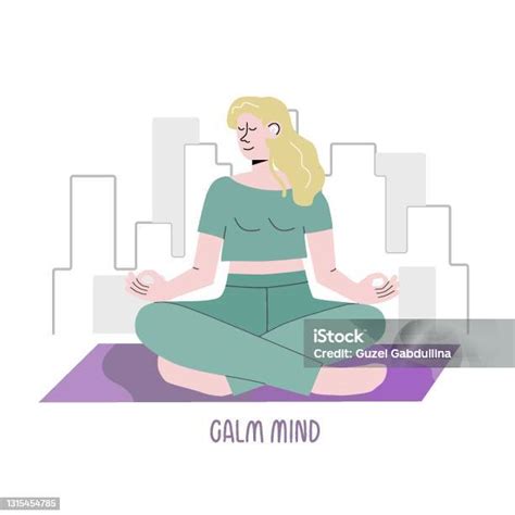 무선 이어폰에서 명상을 연습하는 여성 침착한 마음 심호흡 소녀는 큰 도시 스트레스에서 탈출한다 요가 스튜디오배너 개념에 대한 스톡 벡터 아트 및 기타 이미지 Istock