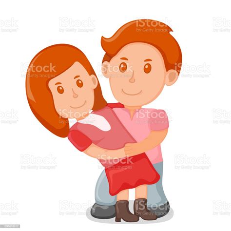 젊은 사랑스러운 남성 캐릭터 는 팔에 여성을 들고 연인 사람들 커플 함께 서 만화 벡터 일러스트 흰색에 고립 2월에 대한 스톡