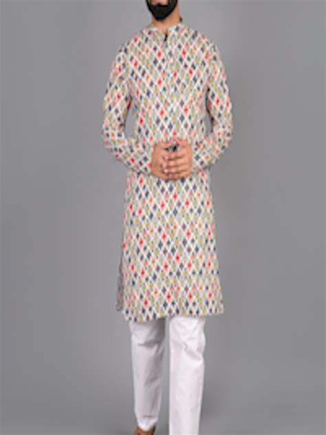 Buy Fubar Geometric Printed Mandarin Collar Regular Pure Cotton Kurta