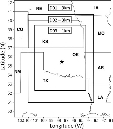 Sketch Of The WRF ARW Simulation 9 Km Parent Domain D01 With The 3 Km