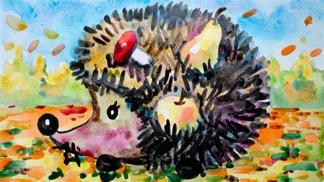 Як намалювати їжачка з дарами осені проста картинка виконана фарбами Ravlyk