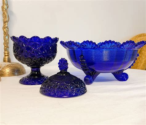 Vintage Cobalt Blue Mosser Glass Klondyke Pattern Footed Fruit Etsy
