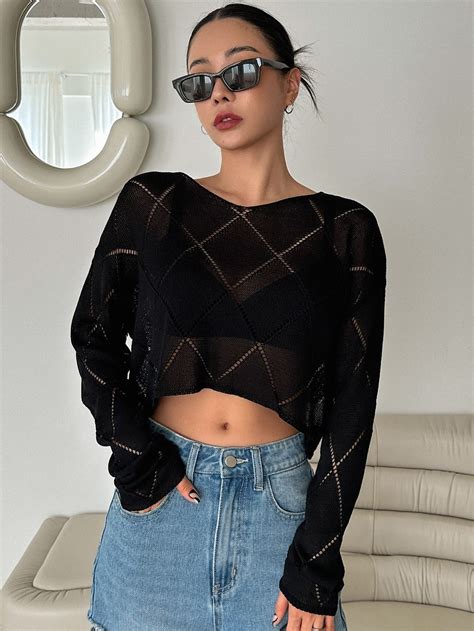Dazy Solid Drop Shoulder Sheer Crop Sweater Without Bra Shein Usa