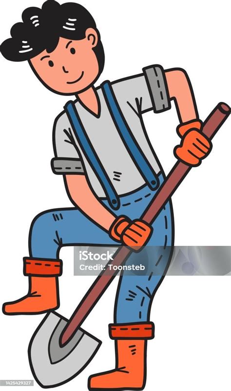 Hand Drawn Male Farmer Holding A Hoe Digging The Ground Illustration