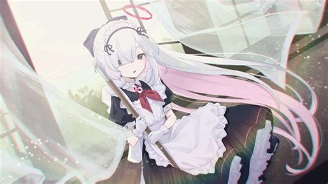 Apron Blue Archive Bow Braids Dress Gloves Gray Eyes Gray Hair Halo